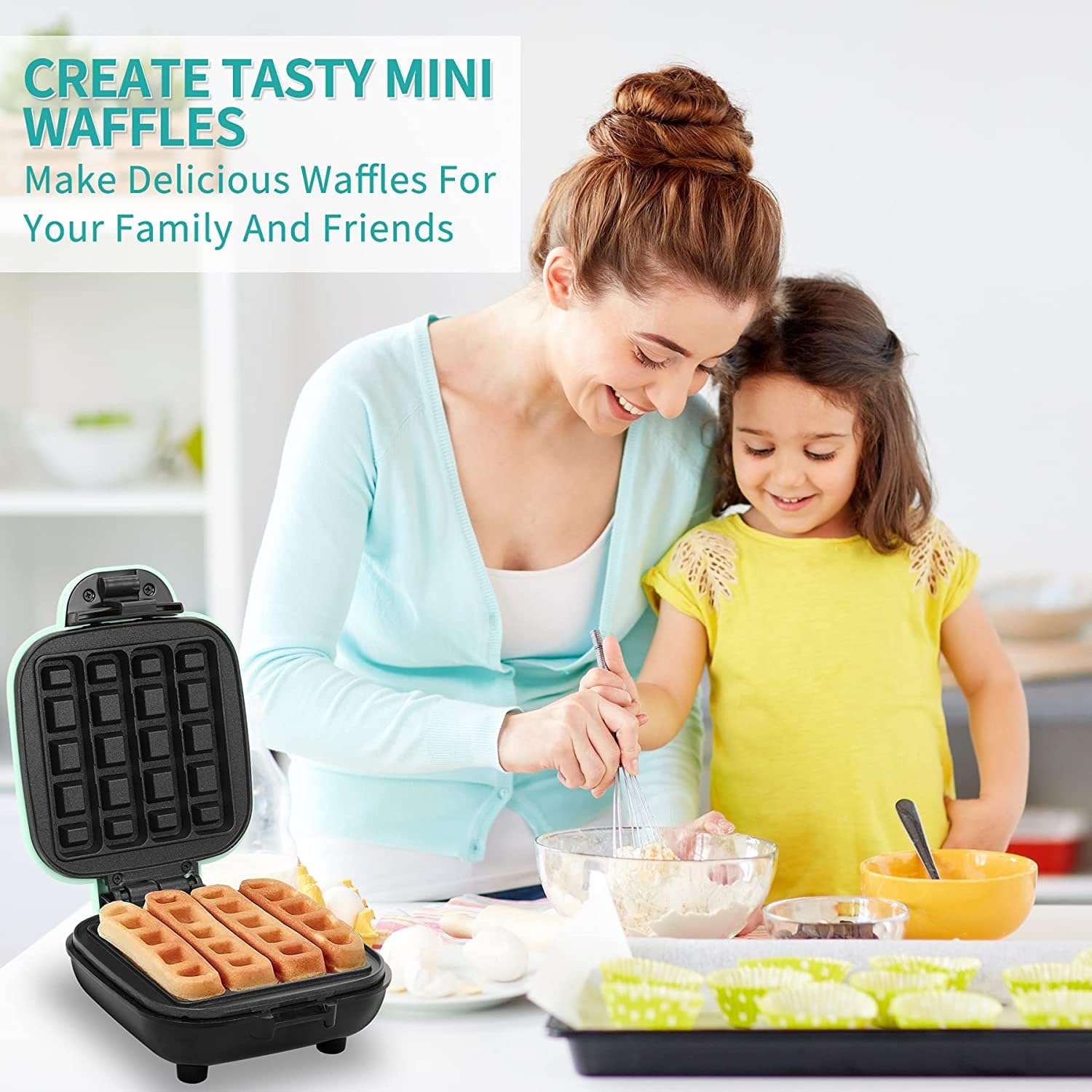 Mini Waffle Stick Maker, Easy to Clean, Non-Stick Surfaces, 4 Inch, Makes 4 Waffle Sticks, Ideal for Breakfast, Snacks, Desserts and More,Aqua,1400W