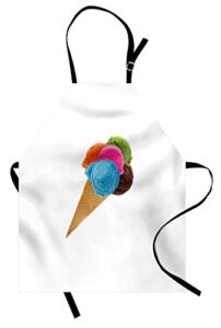 lunarable ice cream apron, realistic colorful scoops on a waffle cone various flavors with rich creamy taste, unisex kitchen bib with adjustable neck for cooking gardening, adult size, blue pink