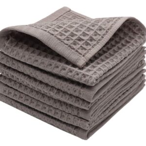 GQZLUCK 100% Natural Cotton Dish Towels Classic Waffle Weave Dish Cloths, Soft Ultra Absorbent Bath Hand FaceTowel, Fast Drying Lightweight Washcloth, Set of 6 (Dark Grey)