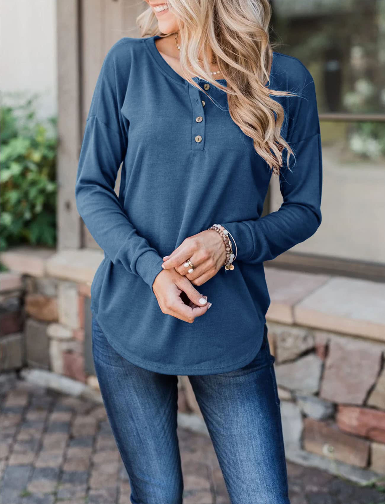 Topstype Women's Long Sleeve Henley Tops Pullover with Buttons Down Casual Loose Fit V-Neck Tunics