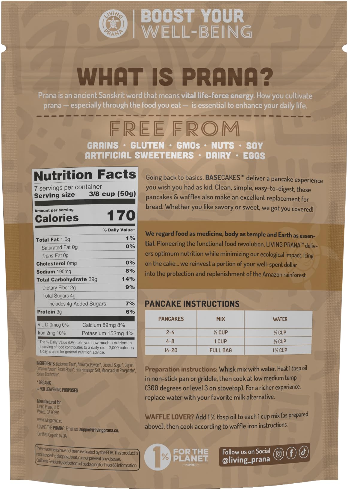 Living Prana BaseCakes Gluten-free Buckwheat Organic Pancake & Waffle Mix Plant Based Just-Add-Water (12oz)