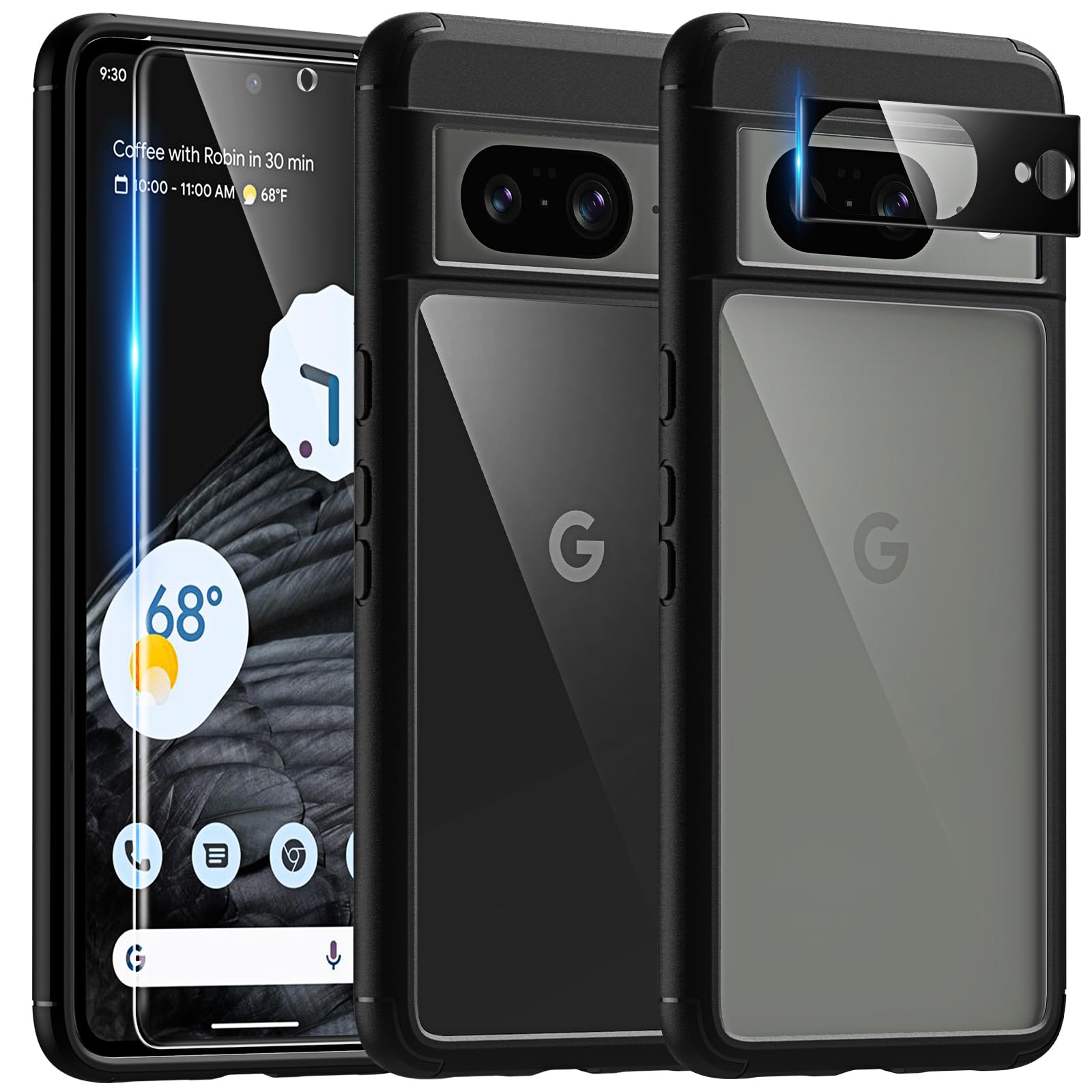 TAURI [5 in 1 for Google Pixel 8 Case, [Not Yellowing] with 2 Tempered Glass Screen Protector + 2 Camera Lens Protector, [Military Grade Drop Protection] Shockproof Slim for Pixel 8 Phone Case, Black