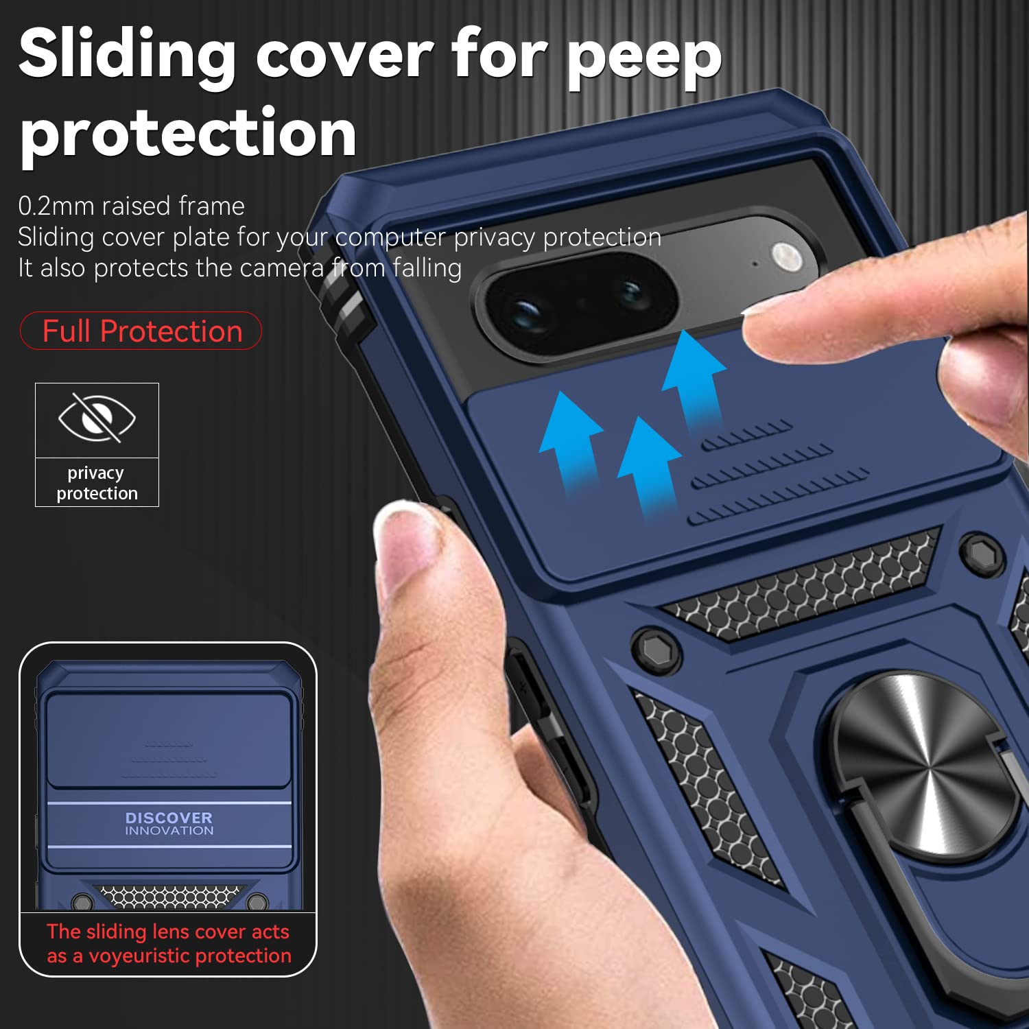 for Google Pixel 7a Case with Slide Camera Cover HD Screen Protector [Military Grade 16ft. Drop Tested] Magnetic Ring Holder Kickstand Protective Phone Case for Google Pixel 7a, Navy Blue