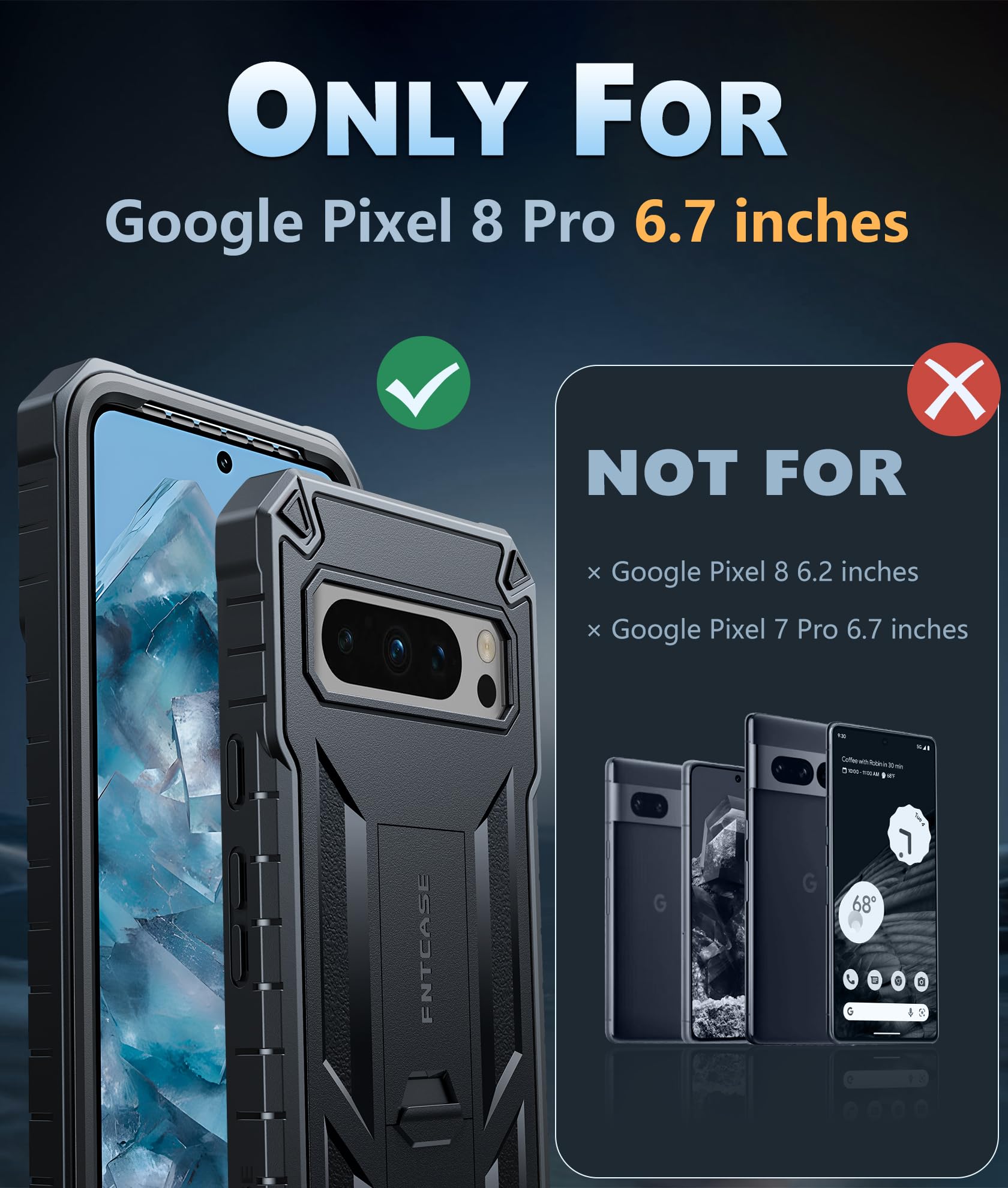 FNTCASE for Google Pixel 8-Pro Case: Shockproof Military Grade Protection Phone Cover with Built-in Kickstand | Drop Proof Hybrid Matte Textured Protective Cell Shell - Black 6.7 Inch