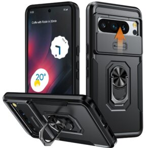 bestcellcase for google pixel 8 pro case, [built-in rotatable kickstand ring & slide camera protector] heavy duty protection shockproof dual layer phone case for pixel 8 pro 2023 - black