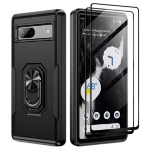 niecase for google pixel 7a 5g case with 2 screen protector, military grade dual layer heavy duty shockproof full body protective phone cover, built in rotatable magnetic ring holder for 7a (black)