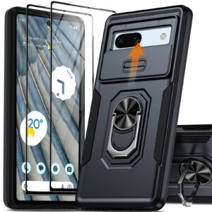 oneagle for google pixel 7a case with screen protector(2pcs), pixel 7a phone case with [slide camera lens cover]+[360° rotatable metal kickstand] military grade shockproof case for pixel 7a 6.1"