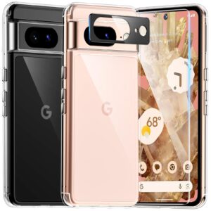 tauri [5 in 1 designed for google pixel 8 case clear, [not yellowing] with 2 tempered glass screen protector + 2 camera lens protector, [military grade drop protection] slim for pixel 8 phone case