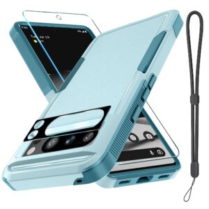 for google pixel 8 pro case, full body heavy duty rugged shockproof protective phone cover with wrist lanyard strap, tempered glass screen protector and camera lens cover, mint green