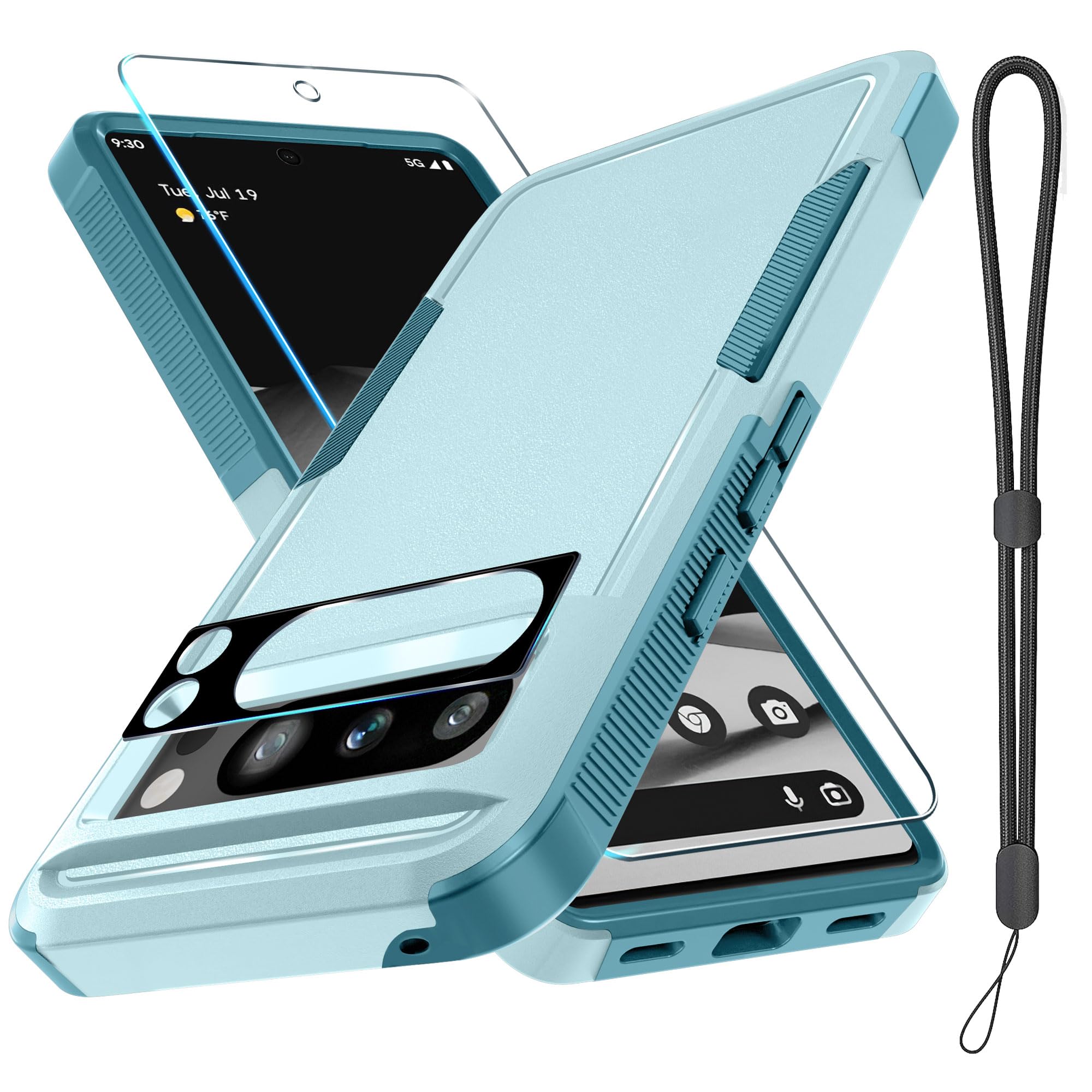 for Google Pixel 8 Pro Case, Full Body Heavy Duty Rugged Shockproof Protective Phone Cover with Wrist Lanyard Strap, Tempered Glass Screen Protector and Camera Lens Cover, Mint Green