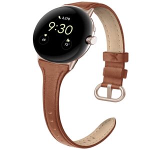 leather bands compatible for google pixel watch band leather for women, pixel watch wristband adjustable clasp stylish strap for google pixel watch 2022 (brown/rose gold)