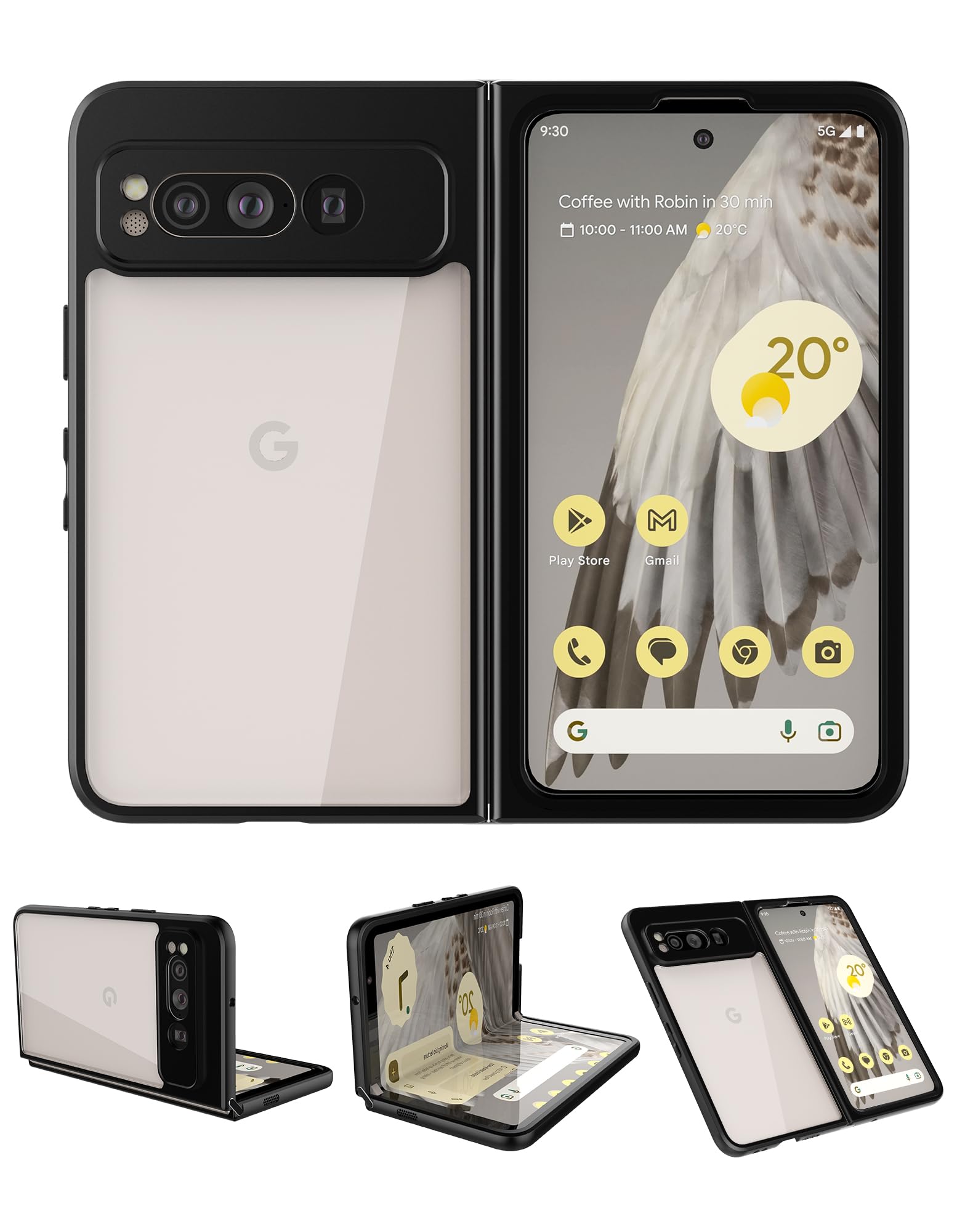 Foluu for Google Pixel Fold 2023 Case, [Not Yellowing] [Military Drop Protection] Shockproof Protective Phone Case Slim Thin Cover for Google Pixel Fold 2023 (Black+Clear)