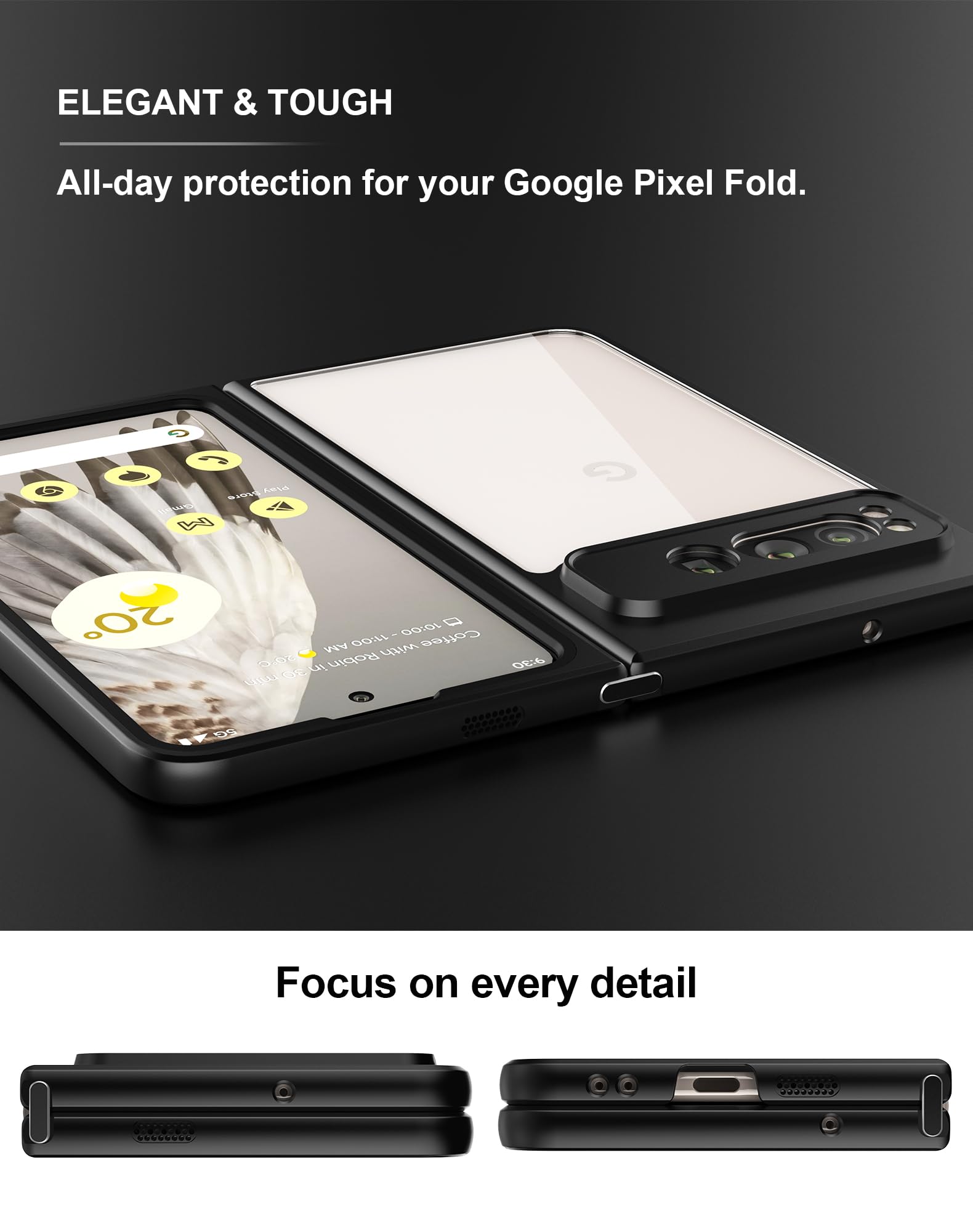 Foluu for Google Pixel Fold 2023 Case, [Not Yellowing] [Military Drop Protection] Shockproof Protective Phone Case Slim Thin Cover for Google Pixel Fold 2023 (Black+Clear)