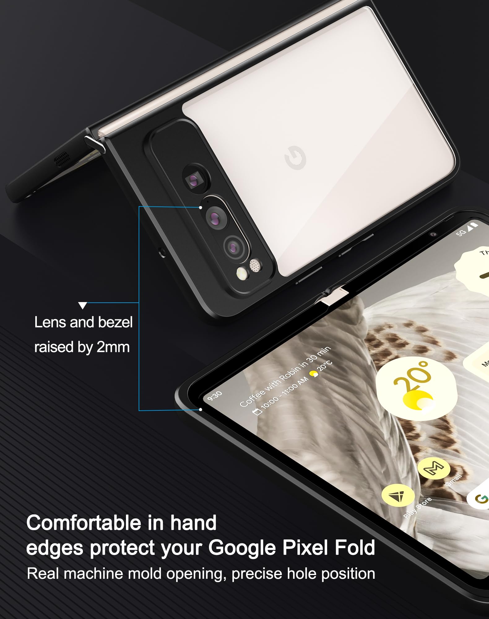 Foluu for Google Pixel Fold 2023 Case, [Not Yellowing] [Military Drop Protection] Shockproof Protective Phone Case Slim Thin Cover for Google Pixel Fold 2023 (Black+Clear)