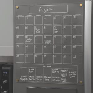 aja house acrylic magnetic fridge calendar - clear refrigerator dry erase board calendar | magnetic monthly grid and weekly planner section | 15’’x17’’ vertical fridge calendar | gold magnets