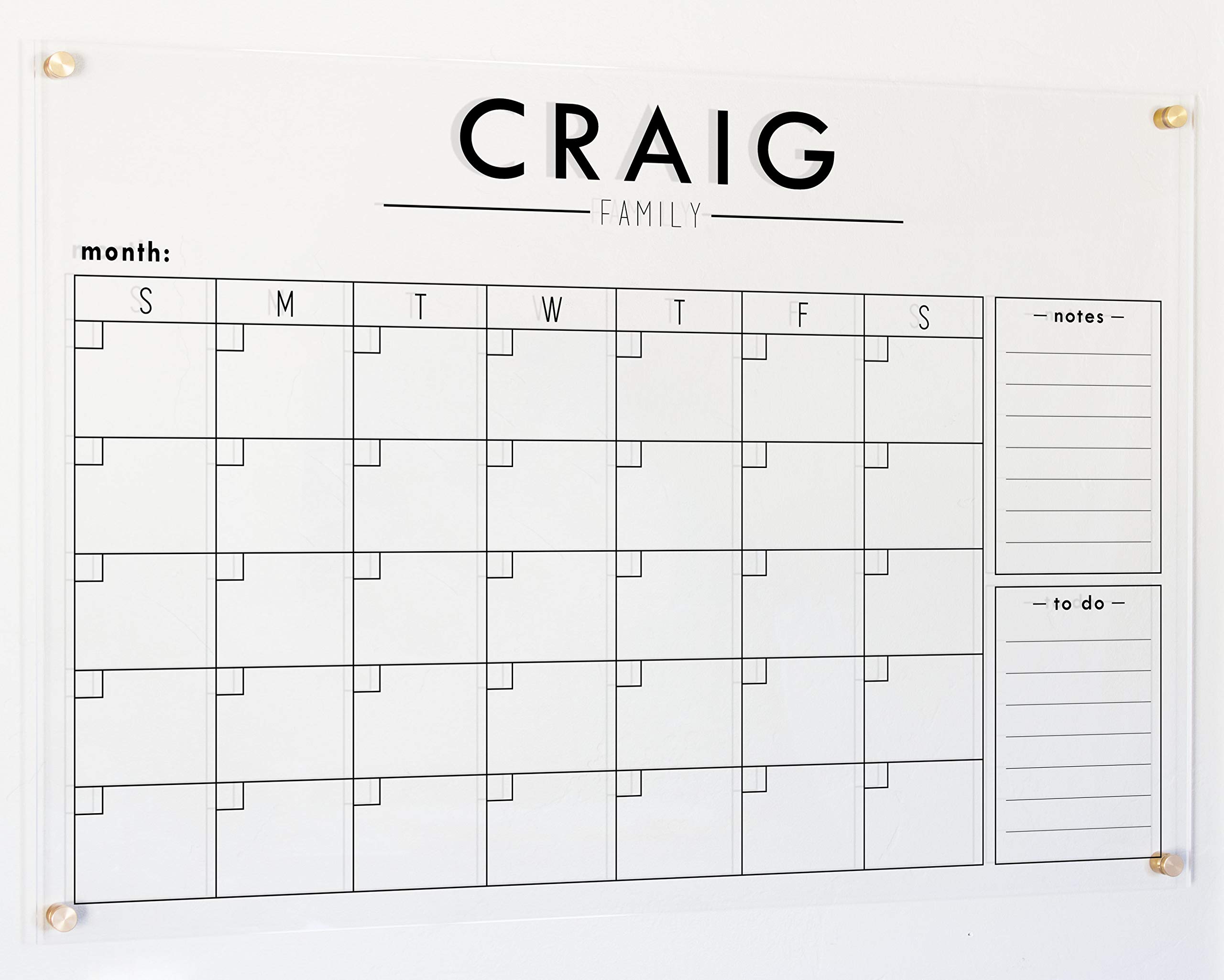 Custom Acrylic Calendar | Landscape Dry Erase Acrylic wall Calendar | Custom name and boxes | floating Wall Calendar with last name or family name