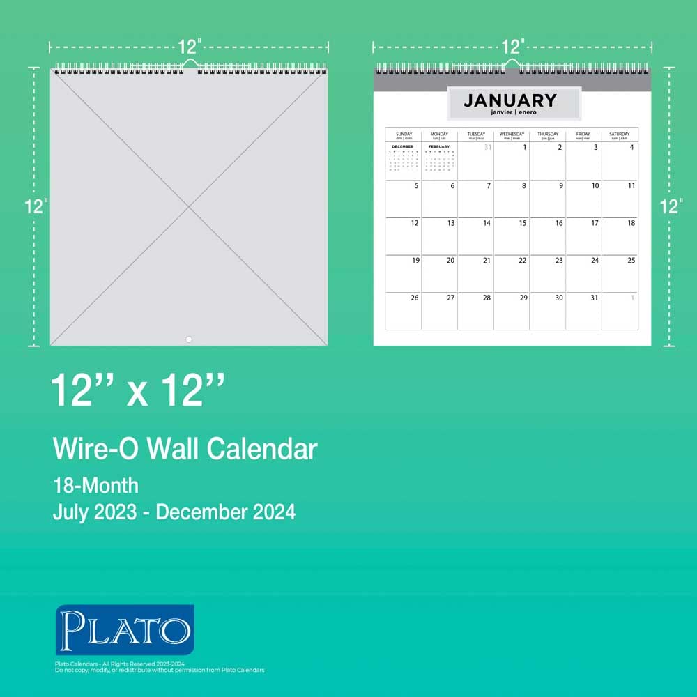 Bonnie Marcus | 2024 12 x 12 Inch 18 Months Monthly Square Wire-O Calendar | Sticker Sheet | July 2023 - December 2024 | Plato | Fashion Designer Stationery