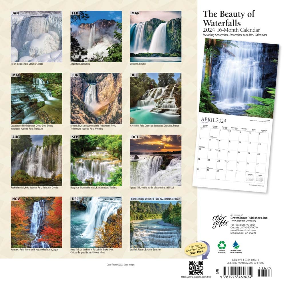 The Beauty of Waterfalls | 2024 12 x 24 Inch Monthly Square Wall Calendar | Sticker Sheet | StarGifts | Nature River Lake