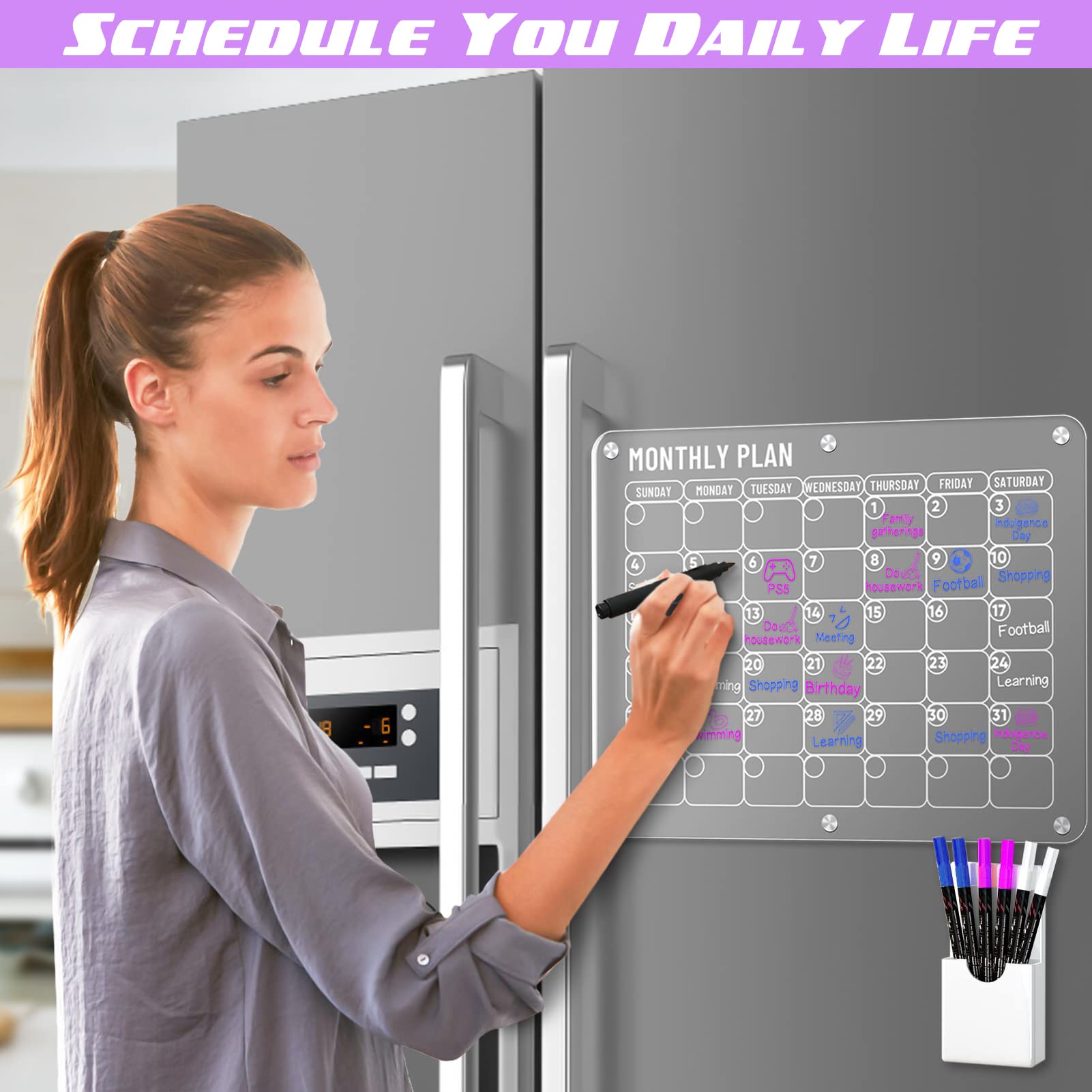 PTSPDP Monthly Acrylic Magnetic Calendar for Fridge, 16"x12" Clear Magnetic Fridge Calendar Dry Erase Board for Fridge & Wall Includes 6 Markers and 1 Rag