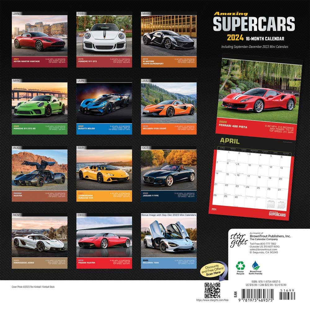 Amazing Supercars | 2024 12 x 24 Inch Monthly Square Wall Calendar | Sticker Sheet | StarGifts | Automobiles Luxury Prestige Hypercars