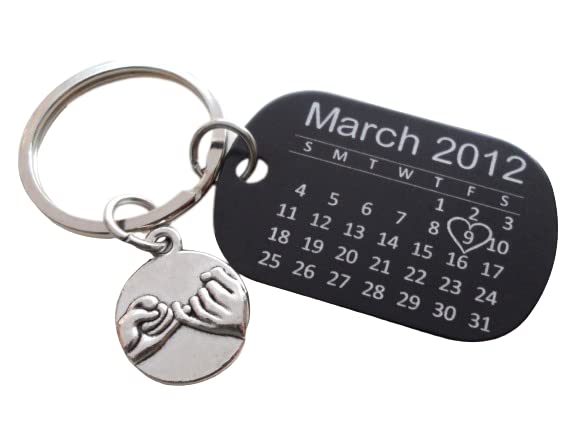 Custom Personalized Anodized Aluminum Anniversary Calendar Keychain with Pinky Promise Charm, Anniversary Date Keychain, Husband Wife Boyfriend Girlfriend Key Chain, Customized Couples Keychain