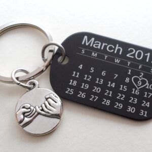 Custom Personalized Anodized Aluminum Anniversary Calendar Keychain with Pinky Promise Charm, Anniversary Date Keychain, Husband Wife Boyfriend Girlfriend Key Chain, Customized Couples Keychain