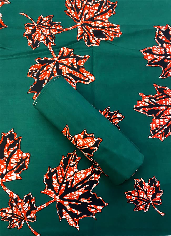 Leaves Design -African Ankara Wax Print Fabrics -Army-Green, Red-Orange, Black, White- Sell by 6 Yards-100% Cotton- for Dresses