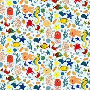 sea critter friends design 100% cotton quilting fabric by the yard (light blue, yellow, red, orange)