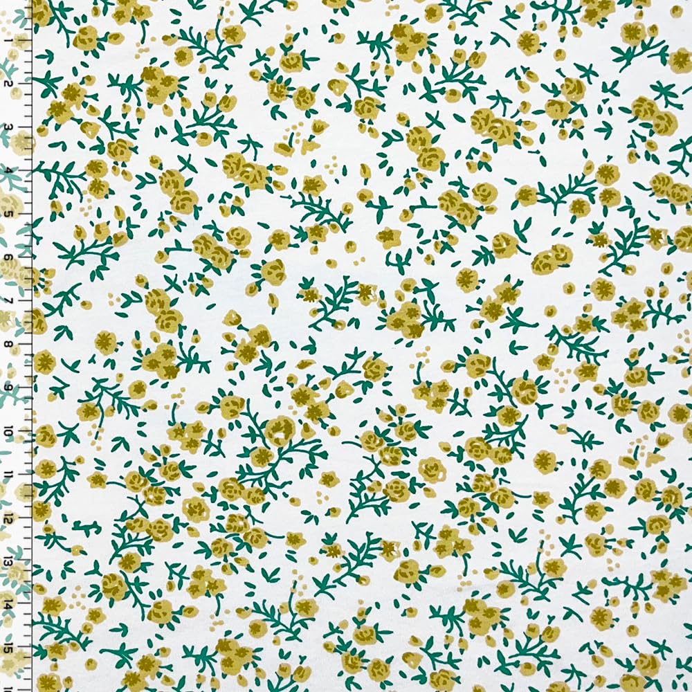 Girl Charlee Fabrics Gold Green Tossed Small Flowers on White Cotton Spandex Knit Fabric - by The Yard