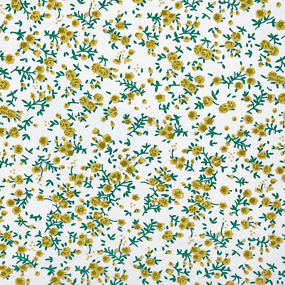 Girl Charlee Fabrics Gold Green Tossed Small Flowers on White Cotton Spandex Knit Fabric - by The Yard