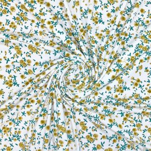 Girl Charlee Fabrics Gold Green Tossed Small Flowers on White Cotton Spandex Knit Fabric - by The Yard