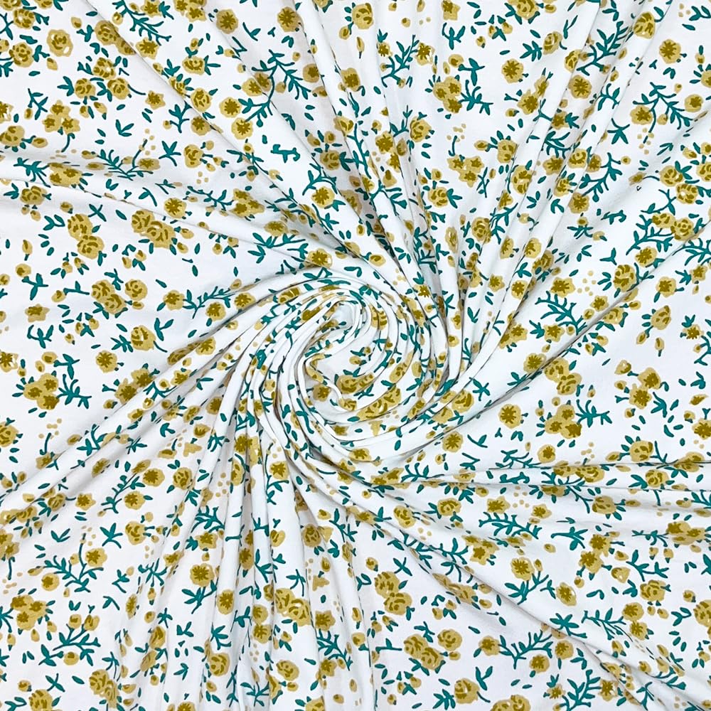 Girl Charlee Fabrics Gold Green Tossed Small Flowers on White Cotton Spandex Knit Fabric - by The Yard