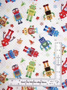 flashphoenix quality sewing fabric – robot fabric multi color rocket robots white 100% cotton size; 1.6 yard