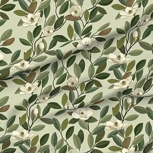 Spoonflower Fabric - Magnolia Blooms Green White Flowers Botanical Floral Printed on Petal Signature Cotton Fabric by The Yard - Sewing Quilting Apparel Crafts Decor