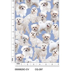 Maltipoo Design Printed on 100% Cotton Quilting Fabric by The Yard (Blue, White, Black)