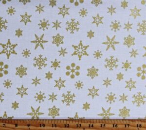 flashphoenix quality sewing fabric – 100% cotton snowflakes gold metallic on white fabric print size; 36" x 44" inch (by the yard) 75