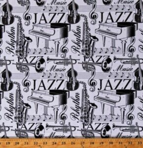 flashphoenix quality sewing fabric – 100% cotton musical instruments pianos saxophones white fabric print size; 36" x 44" inch (by the yard)