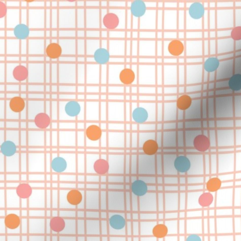 Spoonflower Fabric - Plaid Polka Dots Polkadot Grid Lines Pink White Orange Blue Stripes Printed on Cotton Poplin Fabric by The Yard - Sewing Shirting Quilting Dresses Apparel Crafts