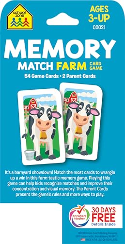 School Zone - Memory Match Farm Card Game - Ages 3+, Preschool to Kindergarten, Animals, Early Reading, Counting, Matching, Vocabulary, and More (School Zone Game Card Series)