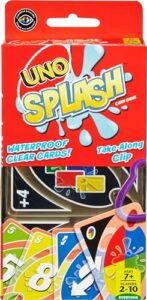 mattel games ​uno splash card game for outdoor camping, travel and family night with water-resistent plastic cards