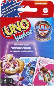 mattel games uno junior paw patrol: the mighty movie kids card game for family night featuring 3 levels of play