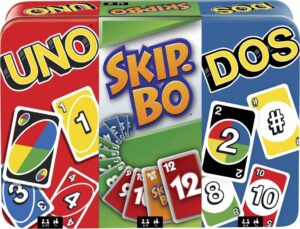 mattel games set of 3 games with uno, skip-bo & dos, travel games for kids & family night with storage tin box