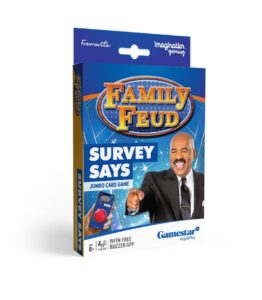 family feud survey says jumbo card edition game, 49 jumbo question cards, host cover card, complementary app with sound effects from the show