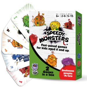 speedy monsters kids card games, 2 fun, fast-paced card games for kids 8-12. easy to learn. no reading required- kid card games ages 4-8. kids games and family game night friendly |2-6 players