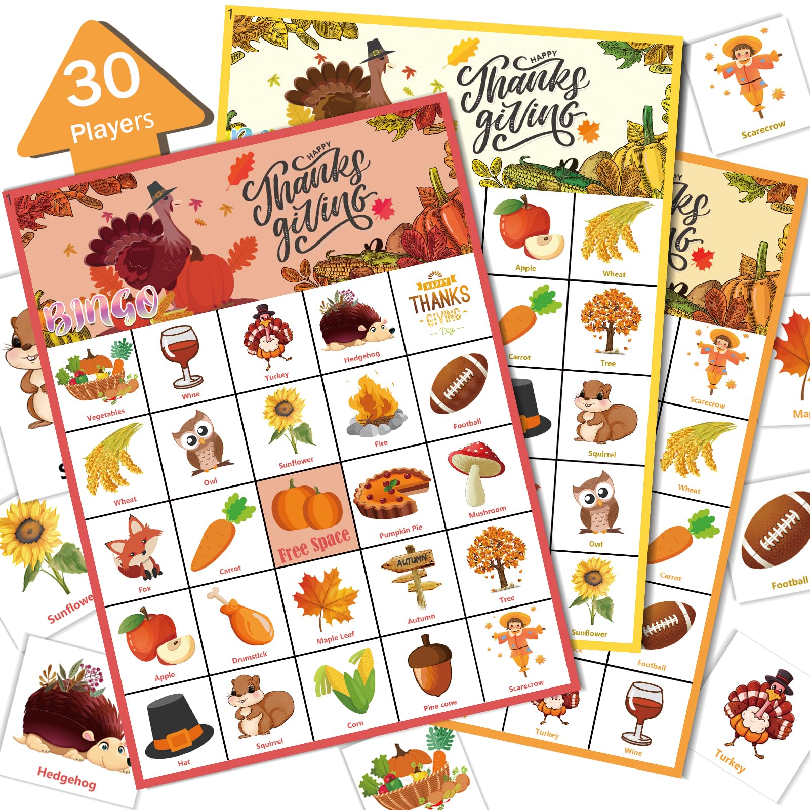 VESPRO 46PCS Thanksgiving Bingo Game Cards for 30 Players Thanksgiving Day Party Games Fall Bingo for Kids Party Classroom Activities