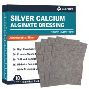 ceeport ag silver calcium alginate wound dressing pads, 4''x4'' patches, 10 individual pack, soft silver dressings for wound care, gentle highly absorbent dressing, non stick gauze pads for wounds