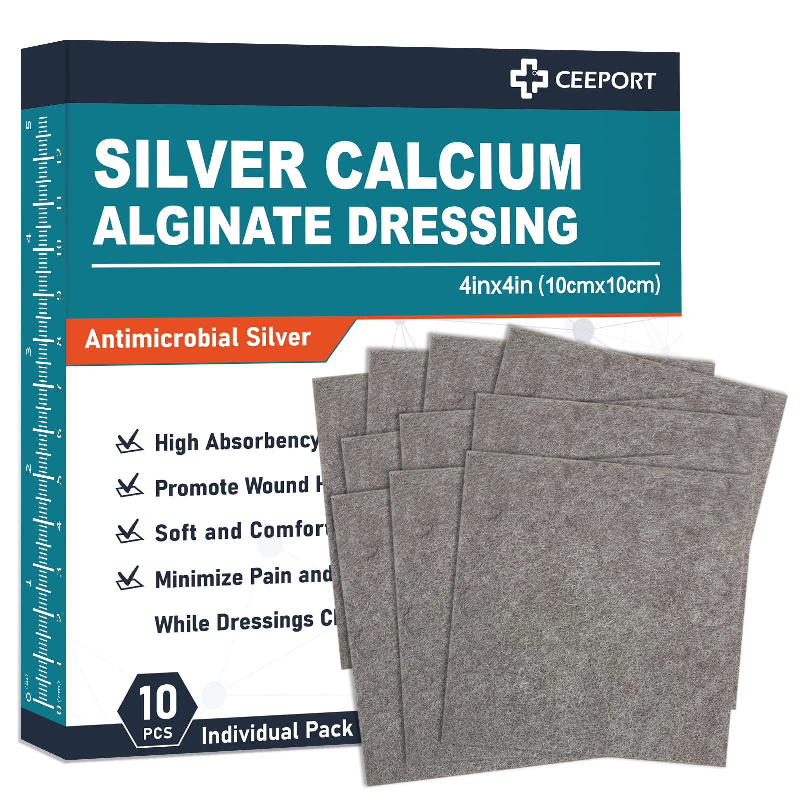 Ceeport Ag Silver Calcium Alginate Wound Dressing Pads, 4''x4'' Patches, 10 Individual Pack, Soft Silver Dressings for Wound Care, Gentle Highly Absorbent Dressing, Non Stick Gauze Pads for Wounds