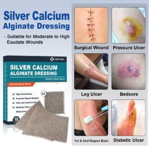 Ceeport Ag Silver Calcium Alginate Wound Dressing Pads, 4''x4'' Patches, 10 Individual Pack, Soft Silver Dressings for Wound Care, Gentle Highly Absorbent Dressing, Non Stick Gauze Pads for Wounds