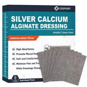 ceeport silver calcium alginate wound dressing 3'' x 3'', 5 individual pack, highly absorbent dressing gauze, soft and comfortable silver dressing for wound care, non stick pads for wounds