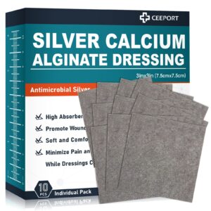 ceeport ag silver calcium alginate wound dressing pads 3'' x 3'' (pack of 10), soft highly absorbent silver wound dressing, non-adhesive dressing for wound care, painless removal gauze pads for wounds